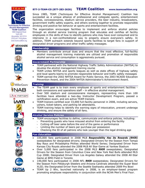 TEAM Coalition Training Summary - Training Fact Sheet | PDF