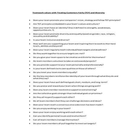 Teamwork values with Treating Customers Fairly (TCF) and Diversity ...