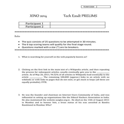 Xino 2014 Quiz - Tech Exult Prelims | DOCX