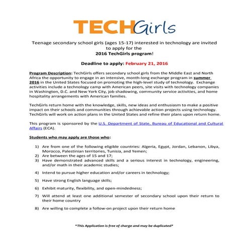 Tech girls application form 2016 | DOC