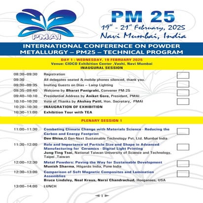 INTERNATIONAL CONFERENCE ON POWDER METALLURGY – PM25 – TECHNICAL PROGRAM | PDF