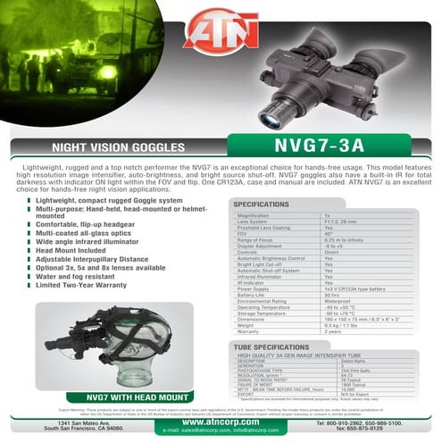 Technical data ATN NVG7-3A Goggles | Optics Trade | PDF