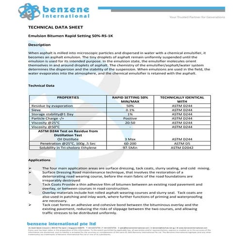 Technical data sheet bitumen emulsion rs 50% | PDF