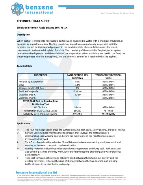 Technical data sheet bitumen emulsion ms 65% | PDF | Skin Care | Beauty