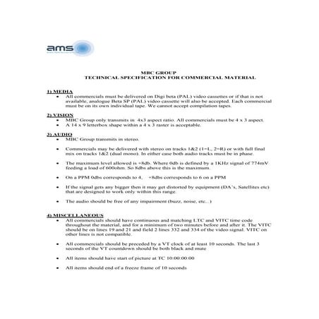 Technical Specs For Tv Commercials Ams | PDF