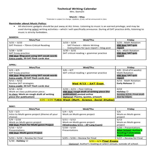 Technical writing spring calendar | DOC | Homework and Study | Education