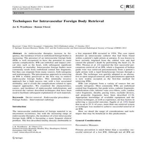 Techniques for intravascular foreign body retrieval | PDF