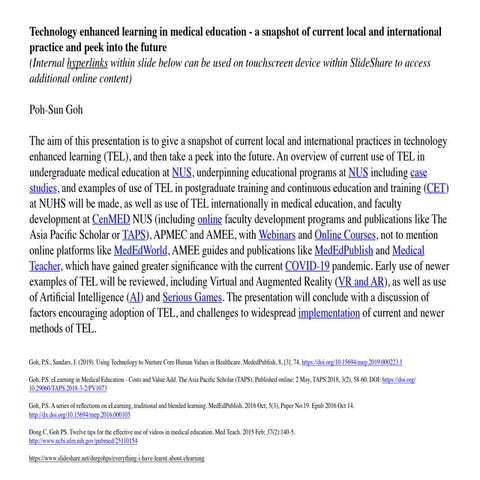 Technology Enhanced Learning in Medical Education - A snapshot of current local and ...
