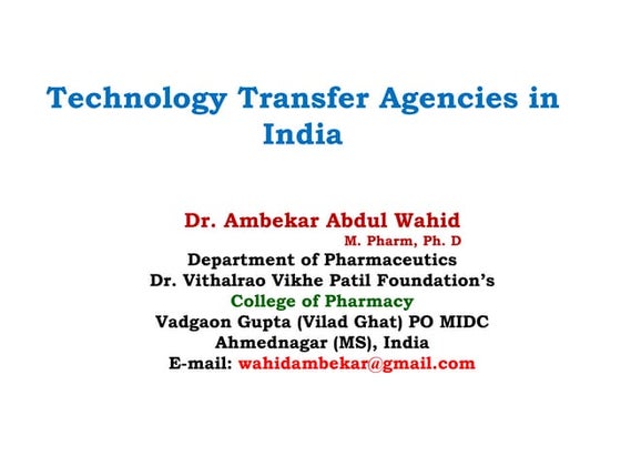 Technology transfer (tt) agencies in India | PPTX