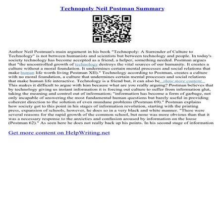 Technopoly Neil Postman Summary | PDF