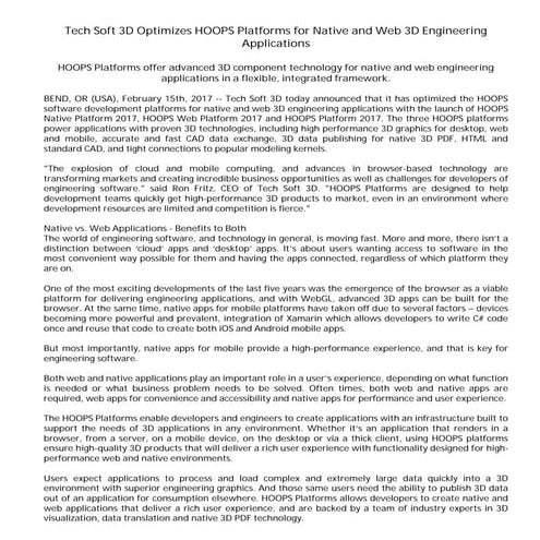 Tech Soft 3D Optimizes HOOPS Platforms for Native and Web 3D Engineering Applications | PDF