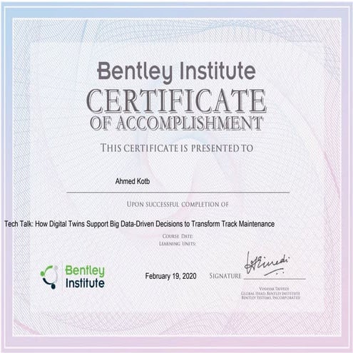 Certificate of Completion: "Tech talk how digital twins support big data-driven decisions to ...