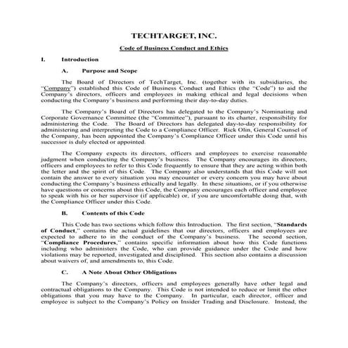 TechTarget Corporate Governance Code Of Business Conduct And Ethics | PDF