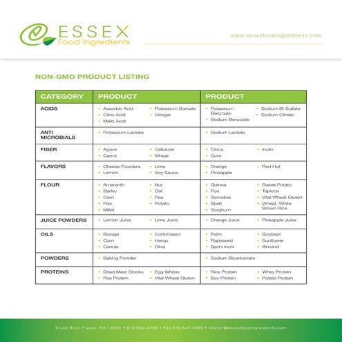 Essex Food Ingredients Non-GMO Product List | PDF