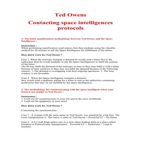 Ted Owens Contact Space Intelligence protocols | PDF