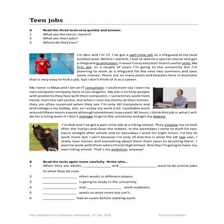 Teen jobs s ts (solutions elementary 2 ed) | PDF