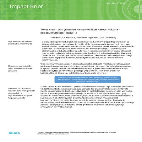 Tekes cleantech yritysten kansainvälisen kasvun tukena - kilpailuetuna digitalisaatio | PDF