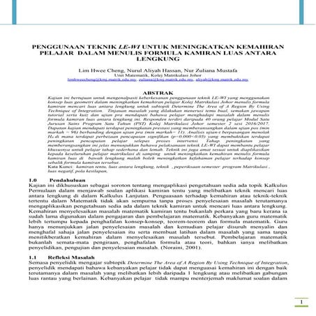 Teknik lewi meningkatkan kemahiran pelajar menulis formula kamiran luas ...