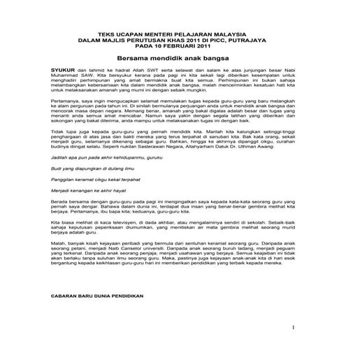 Teks ucapan menteri pelajaran malaysia perutusan 2011 | DOC