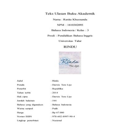 Teks ulasan buku akademik rindu | DOCX