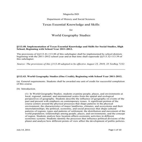TEKS World Geography Studies 2011 2012 | DOCX