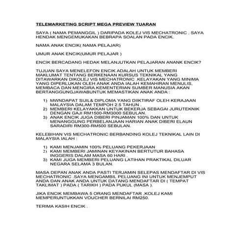 Telemarketing script mega preview tuaran | DOC