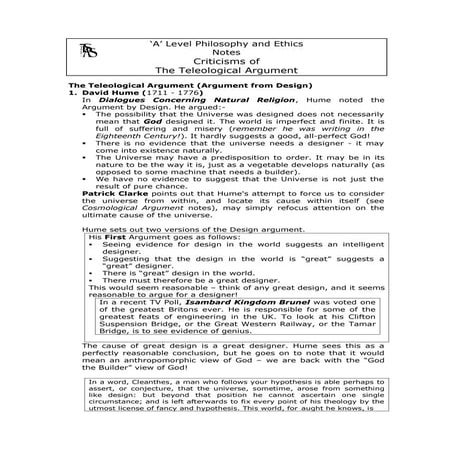 Criticisms of the Teleological Argument | PDF