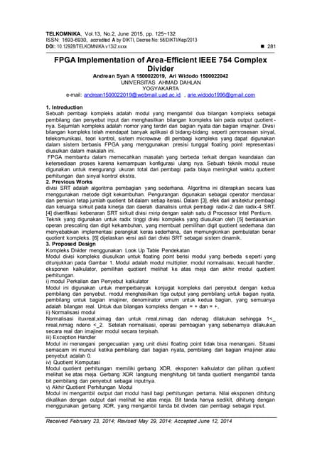 Telkomnika Fpga Implementation Of Area Efficient Ieee 754 Complex Pdf