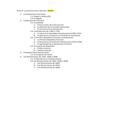 Tema 2: Las Revoluciones Liberales índice | DOCX