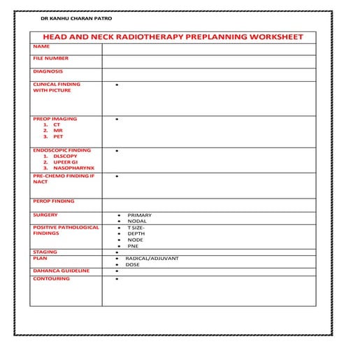HEAD AND NECK CANCER RADIOTHERAPY PREPLANNING WORKSHEET | DOCX