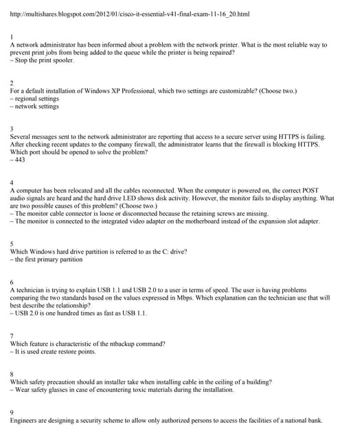 It Essentials (Version 7.0) A+ Cert Practice Exam 1 Answers | PDF