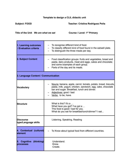 Food and nutrition CLIL unit | DOCX