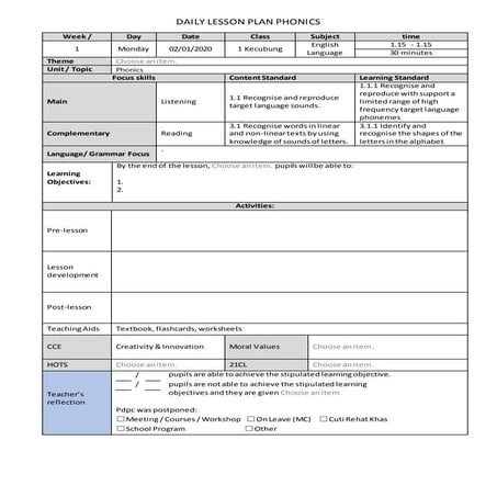 Template lp year 1 phonics 2020 | PDF