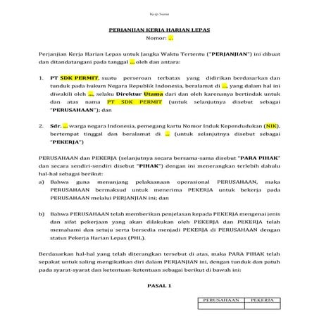TEMPLATE PERJANJIAN KERJA HARIAN LEPAS / BURUH HARIAN LEPAS (BHL) | DOCX