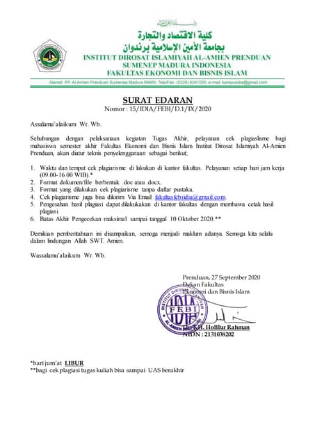 Surat cek plagiarisme idia prenduan | PDF