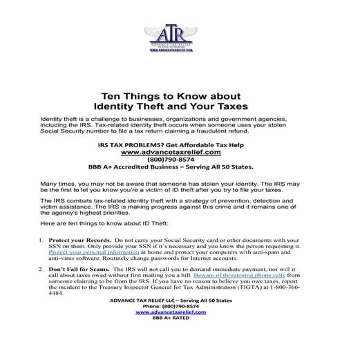 SOME FACTS ABOUT IDENTITY THEFT AND TAXES - Advance Tax Relief | PDF