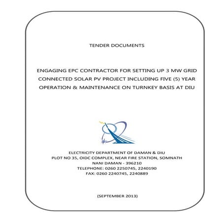 Tender Document for 3 MW solar plant at Diu | PDF