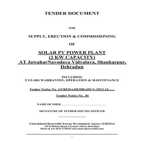 Tender document for solar in Dehradun, Uttarakhand | PDF