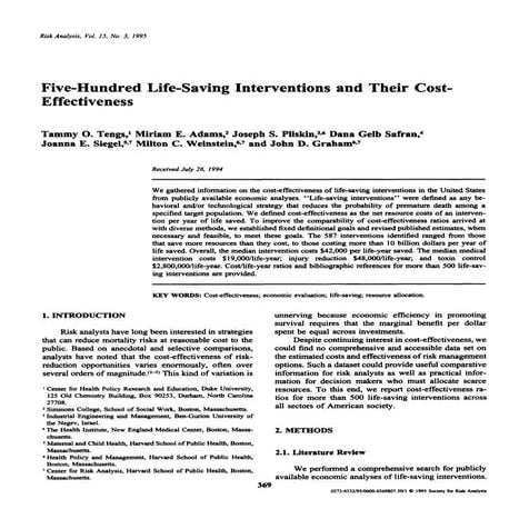 Tengs Et Al Cost Effectiveness Of 500 Life Saving Interventions | PDF