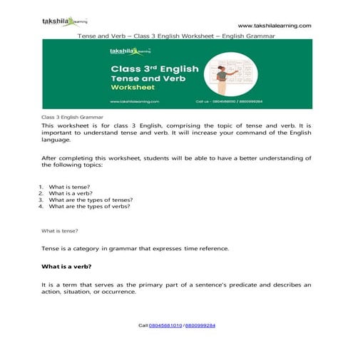 Tense and Verb - Class 3 English Worksheet - English Grammar | DOCX