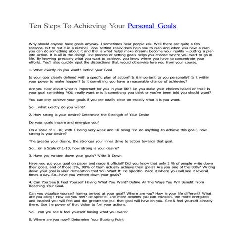 Ten steps in Acheiving your Personal Goals | DOCX