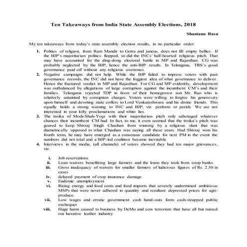 Ten takeaways from india state assembly elections 2018 | PDF