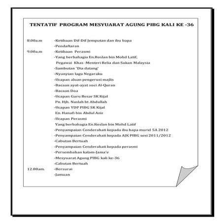 Tentatif program mesyuarat agung pibg kali ke 36 | DOCX