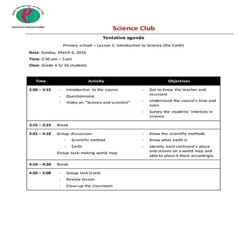 Tentative agenda and vocabulary (primary school lesson 1) | DOCX