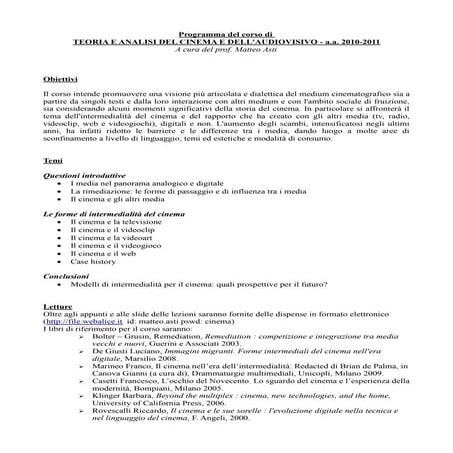 Teoria e analisi del cinema e dell'audiovisivo 0. programma | PDF