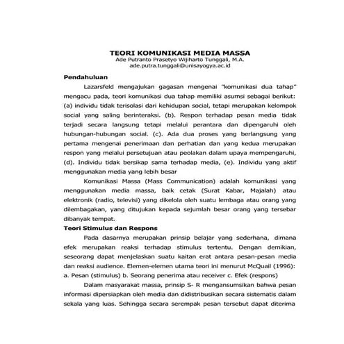 TEORI KOMUNIKASI MEDIA MASSA - Ade Putranto P.W.T | PDF