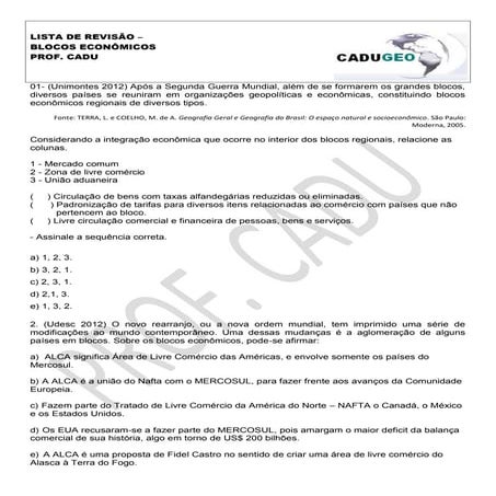 Terceira lista exercicios_globaliz_blocos_economicos_satrte_2020 | PDF