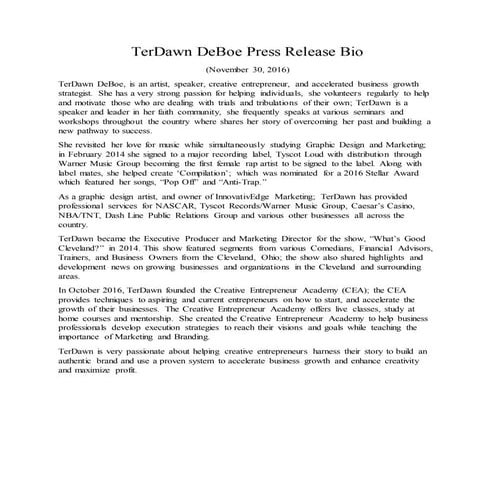 TerDawn DeBoe Bio Press Release | DOCX