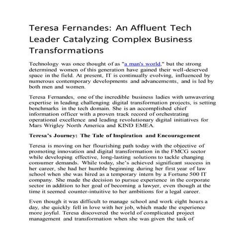 Teresa Fernandes: An Affluent Tech Leader Catalyzing Complex Business ...