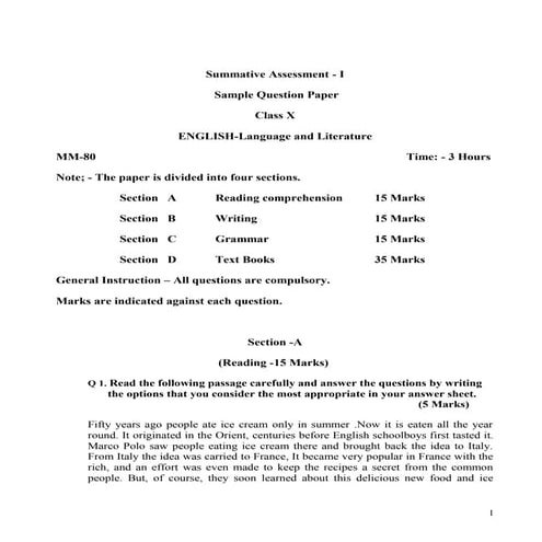 Class 9 Cbse English Language Literature Sample Paper Term 2 | PDF